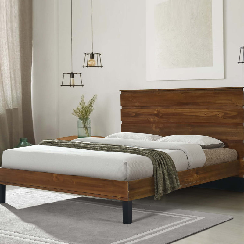 Mid Century Modern Solid Wood Bed Frame King Size Platform Bed with Six Piece
